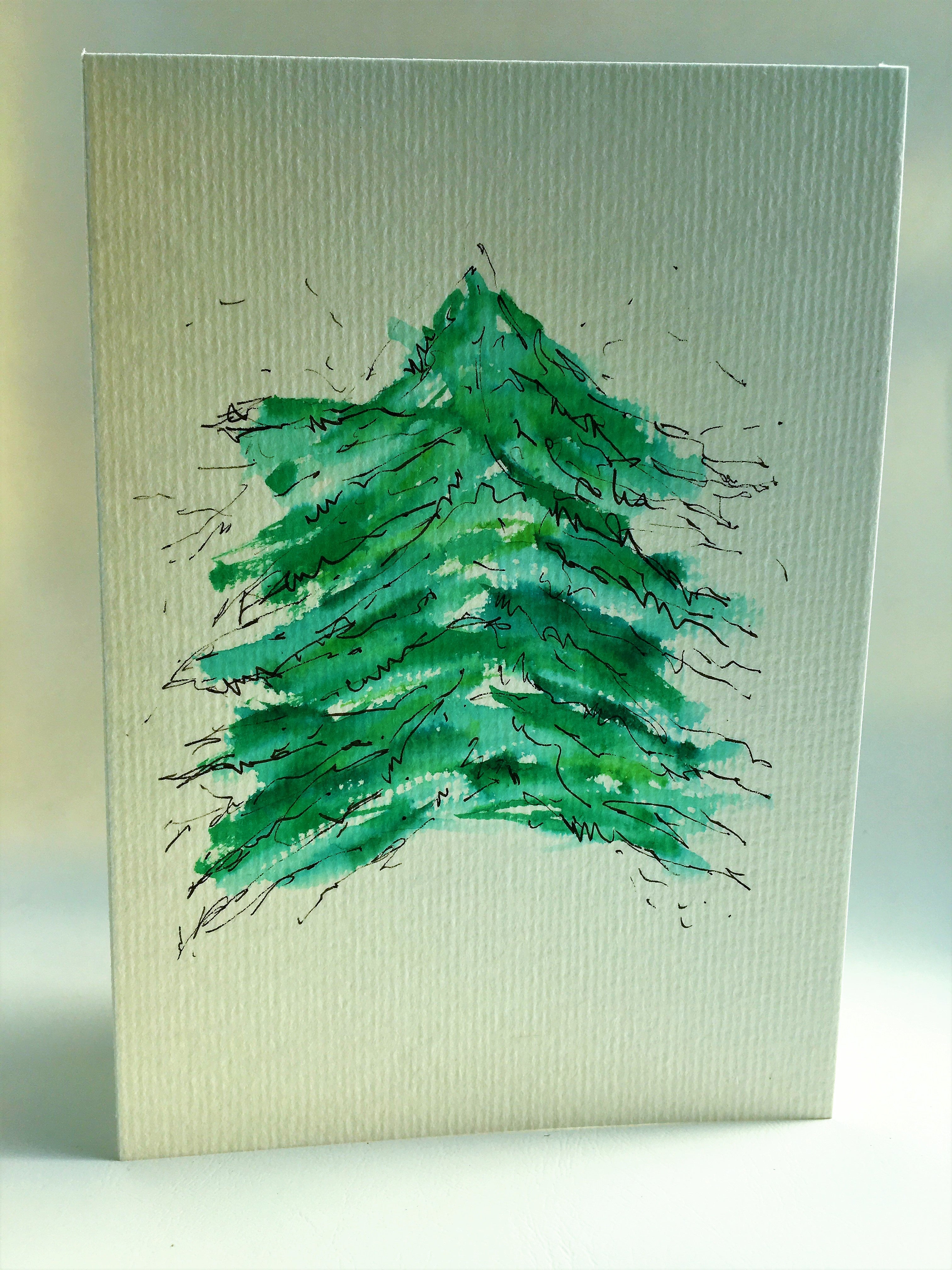 Original Hand Painted Christmas Card - Green and Black Tree 1 | eDgE dEsiGn London