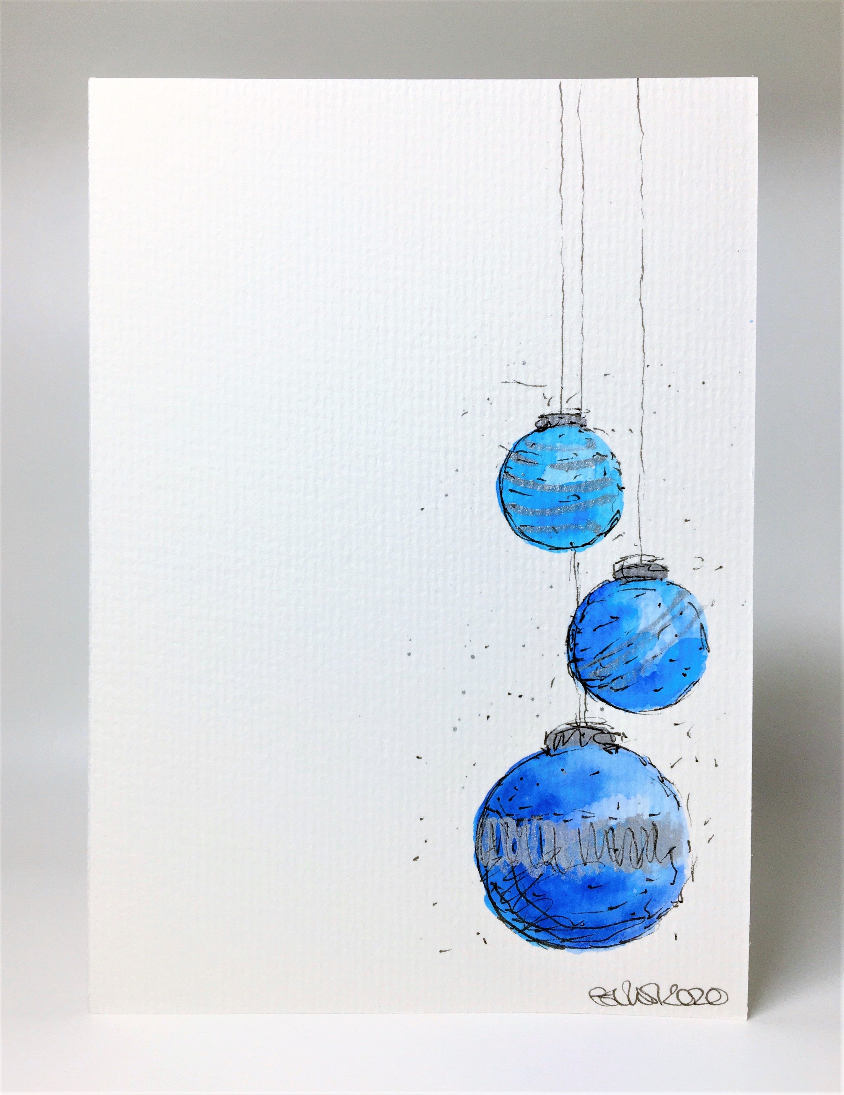 Original Hand Painted Christmas Card - Bauble Collection - 3 Blue ...