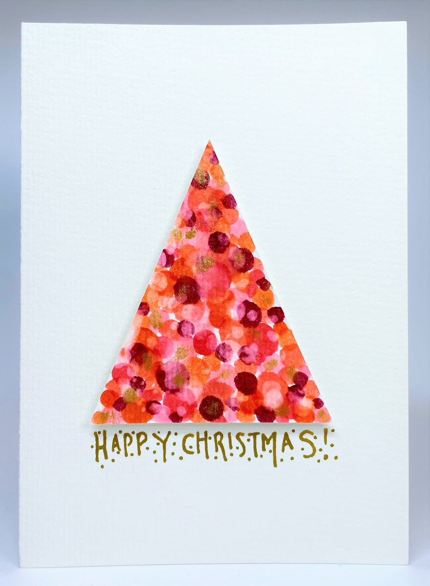 Happy Christmas Triangle Tree in Red/Gold - Hand Painted Christmas Card ...