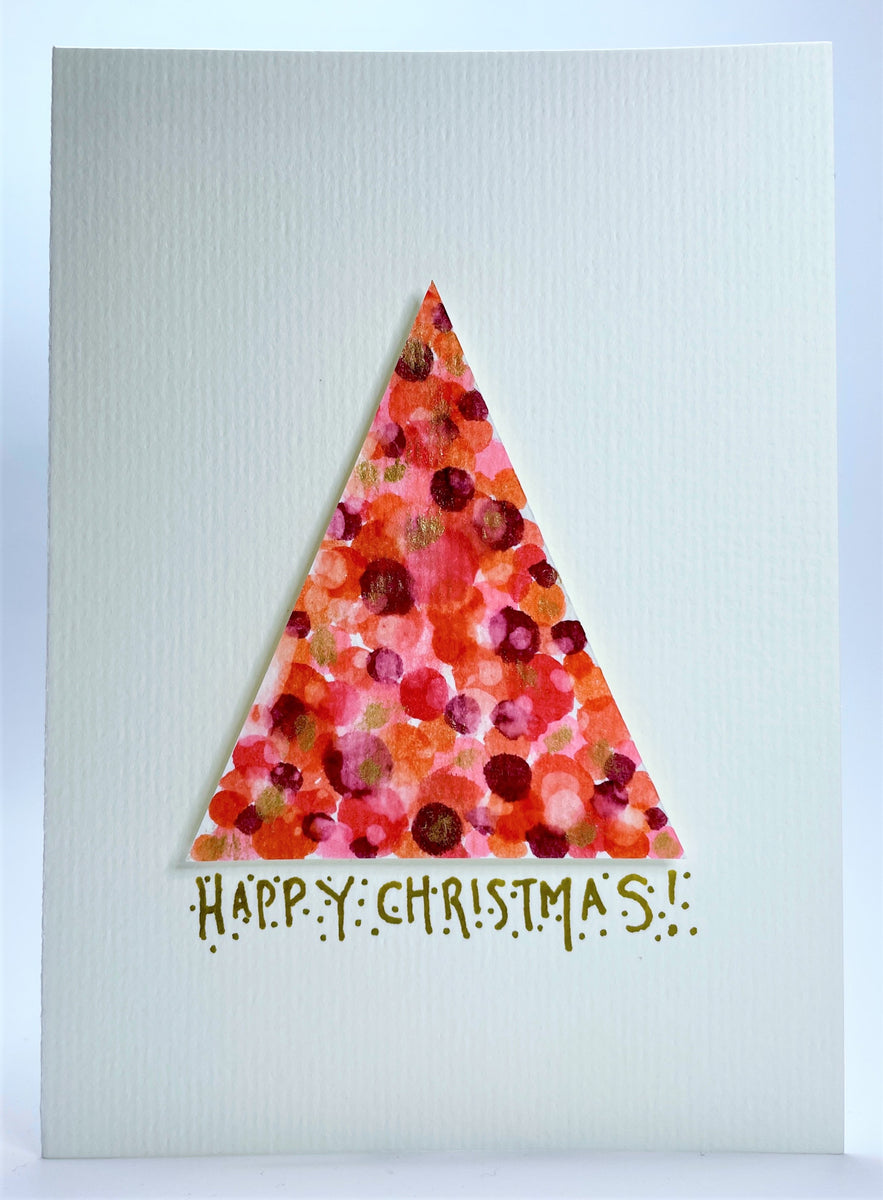 Happy Christmas Triangle Tree in Red/Gold - Hand Painted Christmas Card ...