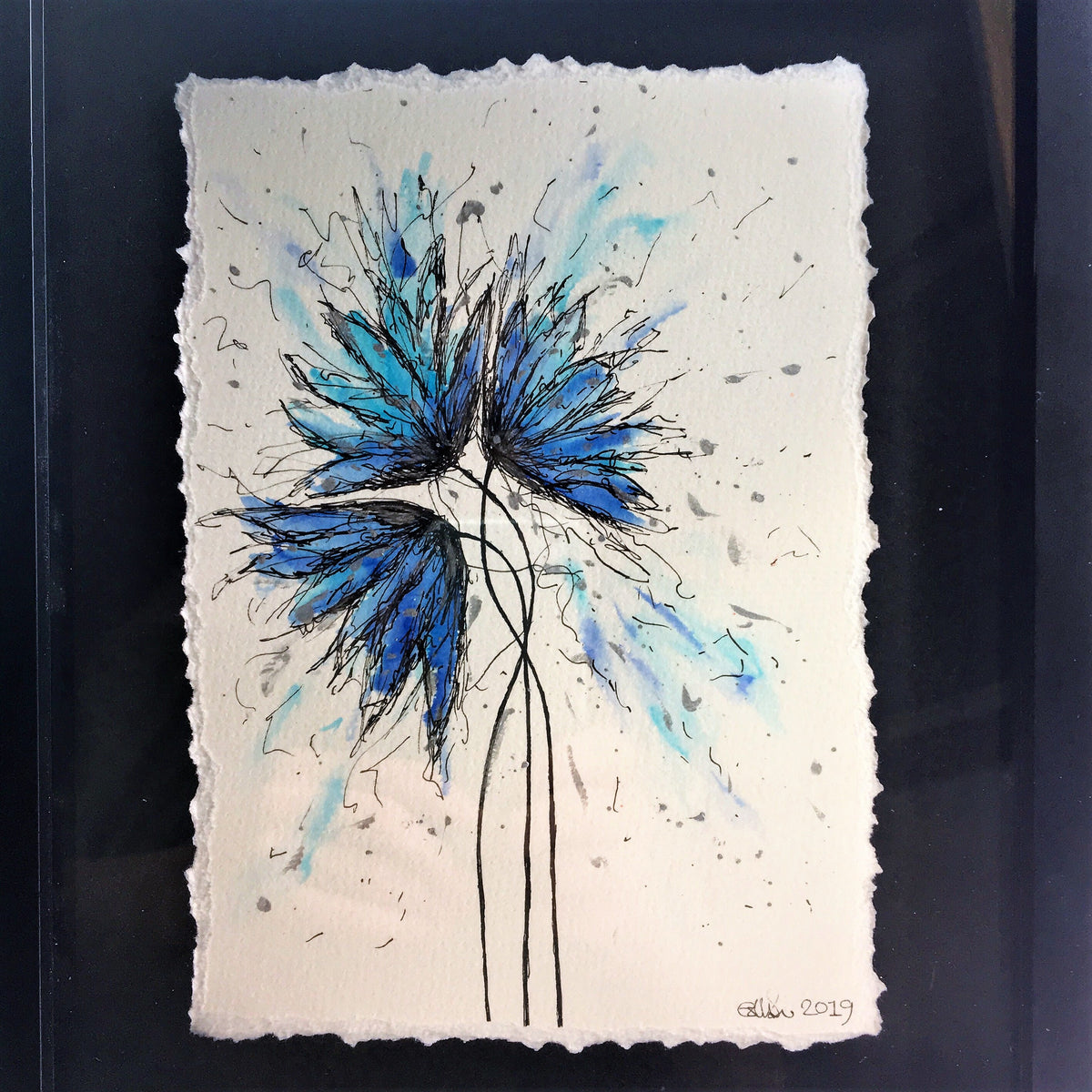 Abstract Blue/Turquoise/Silver Flowers - Framed Original Painting ...